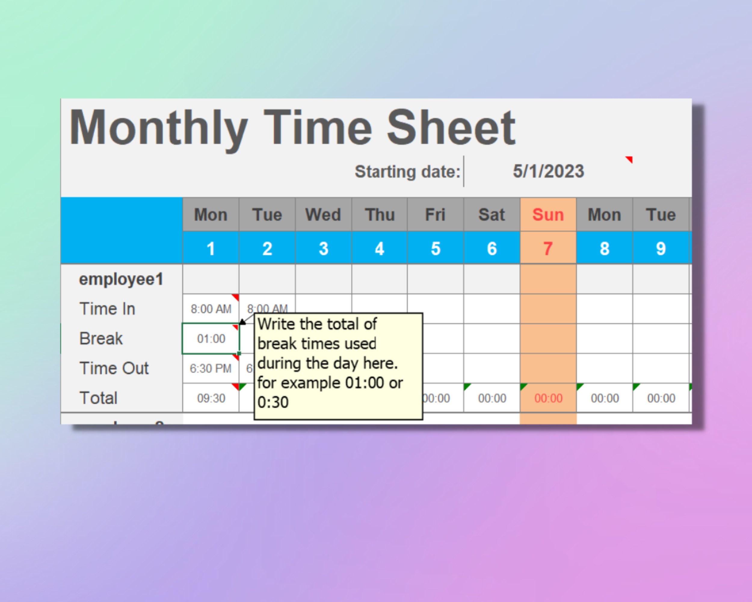 Monthly Timesheet for Multiple Employees, Employee Table, With Break ...