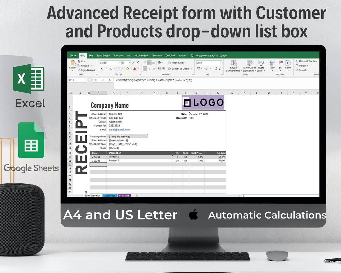 Advanced Receipt Template Excel Google Sheets Convertible - Etsy