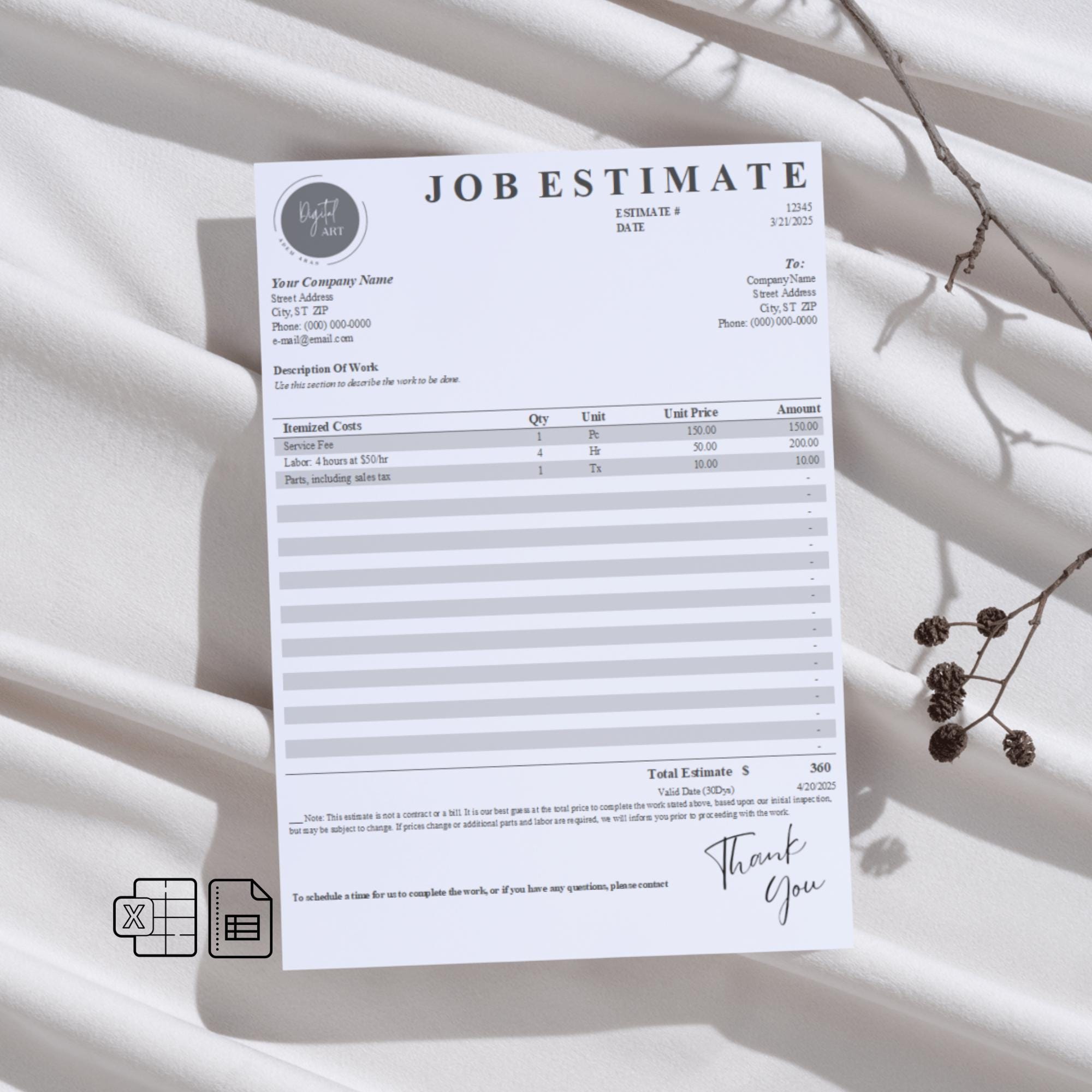 Editable Job Estimate Template: Google Sheets & Excel (printable PDF ...