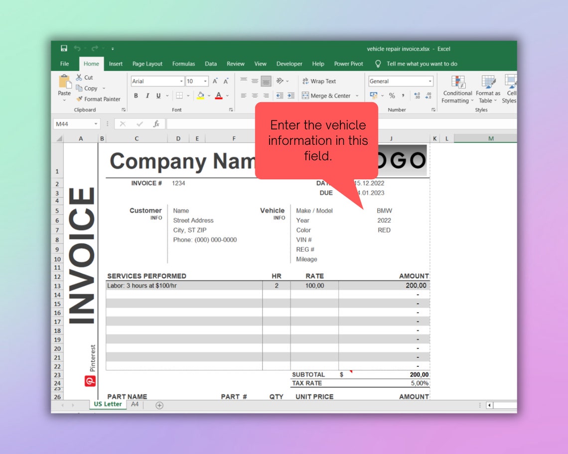 Vehicle Maintenance and Repair Invoice Template, Excel, Google Sheets ...