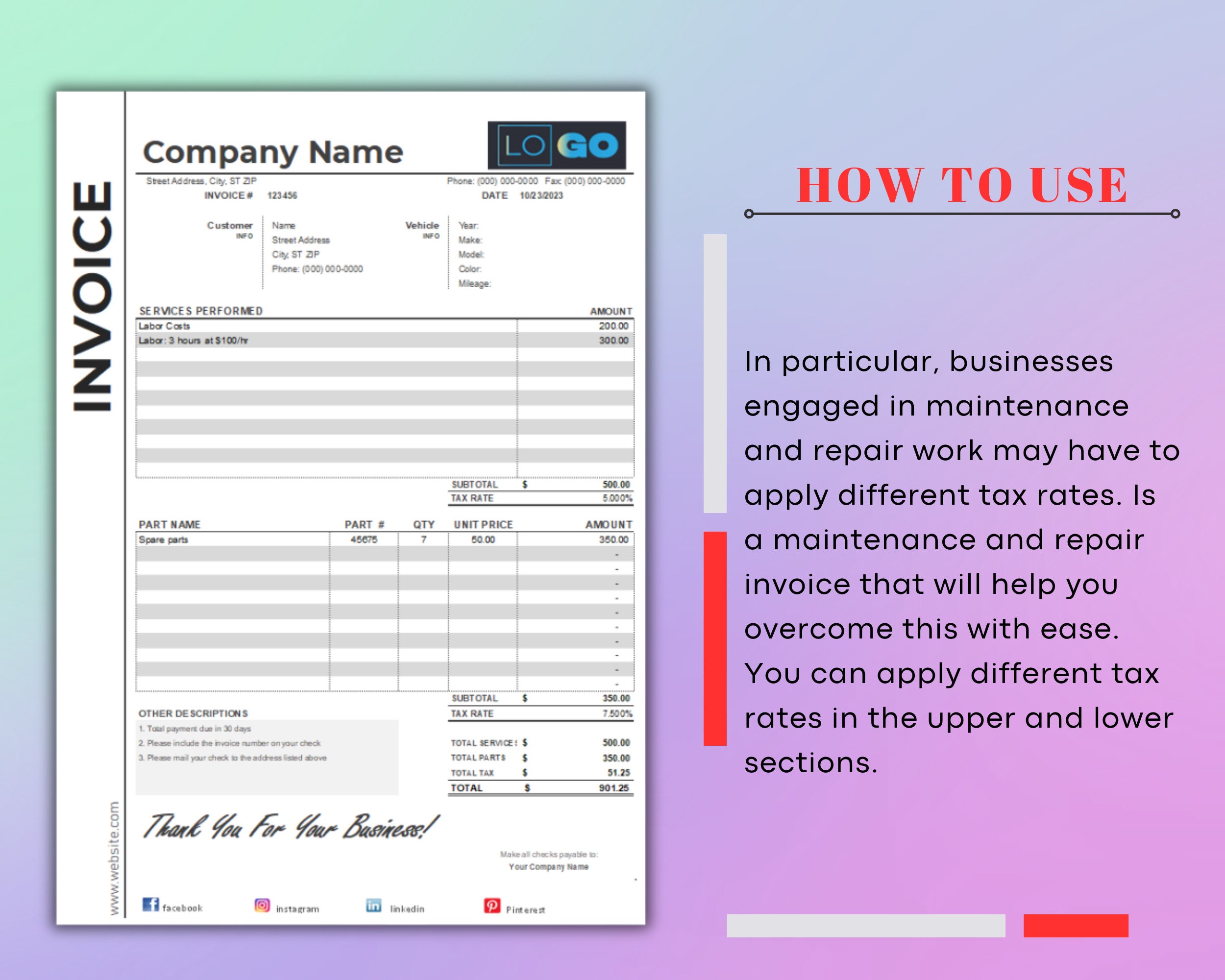 Maintenance Repair Invoice Template: Excel & Google Sheets (digital ...