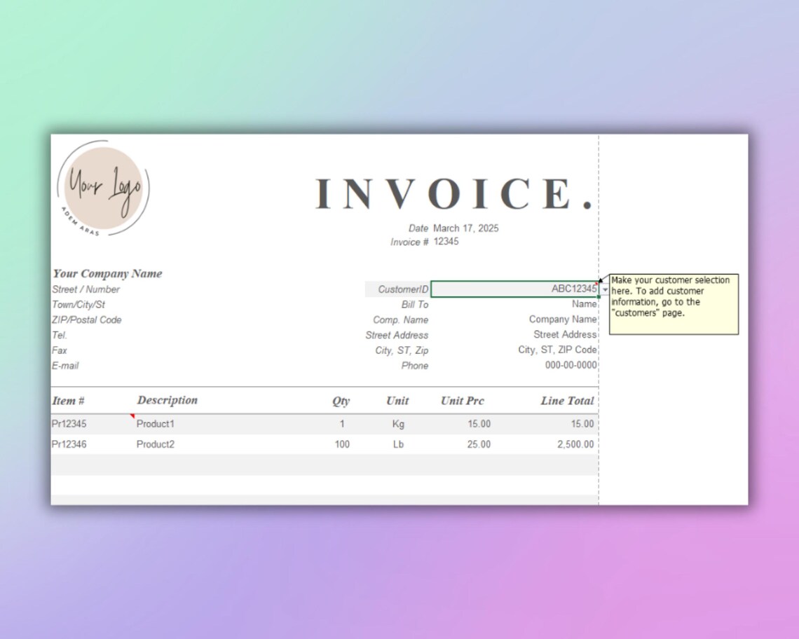Advanced Invoice Template: Excel & Google Sheets (printable PDF) - Etsy