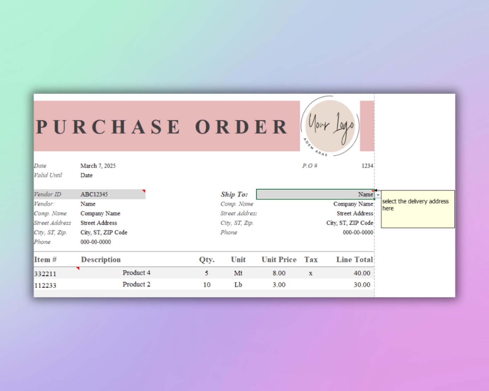 Advanced Purchase Order Form Template, Google Sheets, MS Excel ...