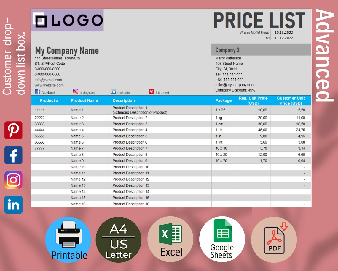 Advanced Price List Template Excel Google Sheets PDF - Etsy