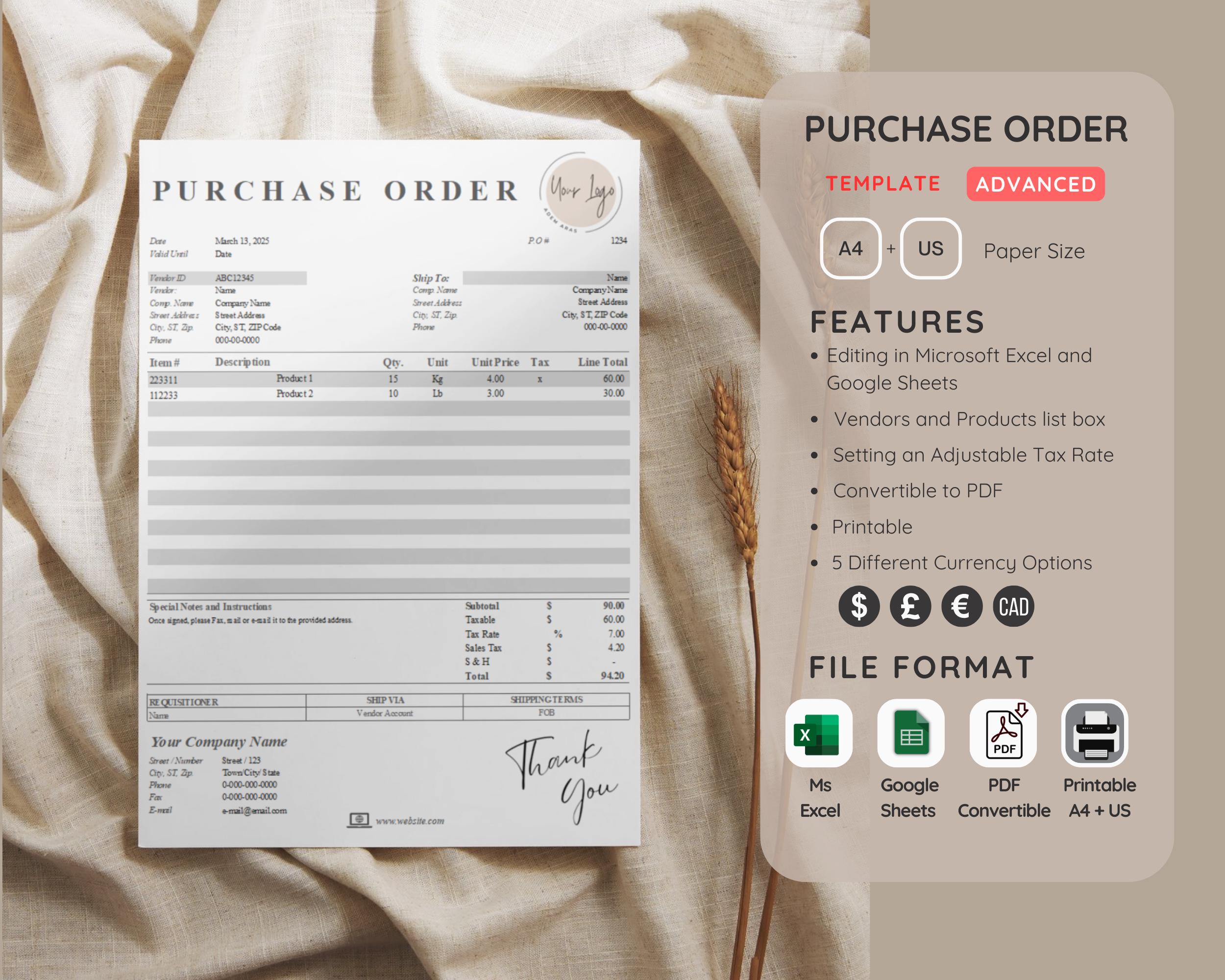 Advanced Purchase Order Form Template, Google Sheets, MS Excel ...