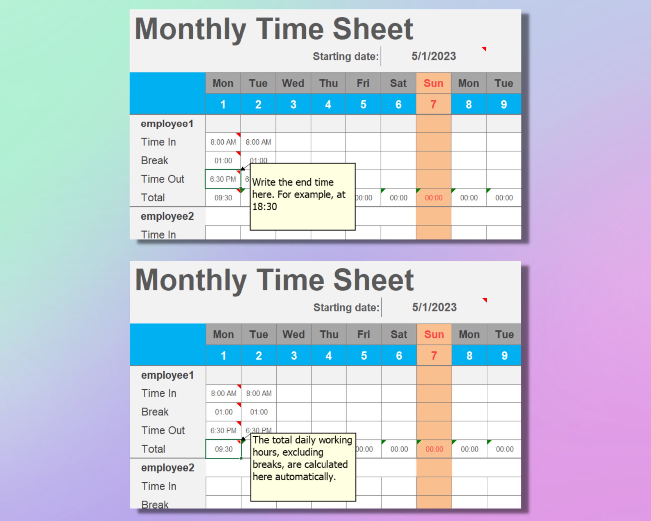 Monthly Timesheet for Multiple Employees, Employee Table, With Break ...