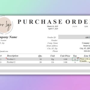 Advanced Purchase Order Form Template, Google Sheets, MS Excel ...