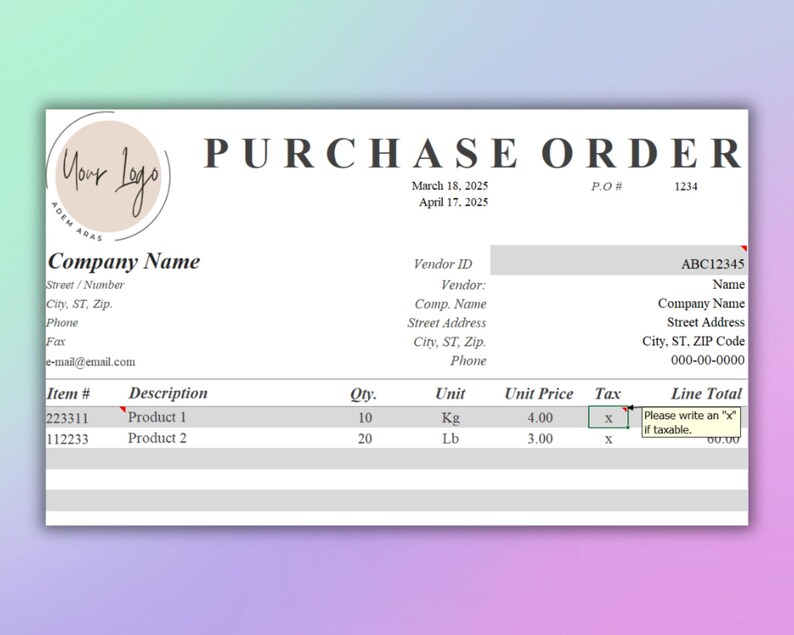 Advanced Purchase Order Form Template, Google Sheets, MS Excel ...