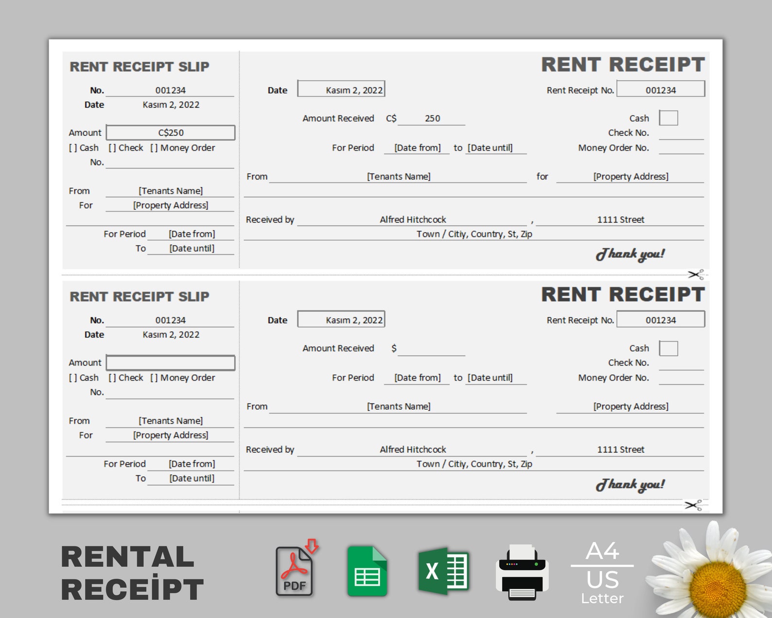 Rental Receipt Template Excel Google Sheets PDF Receipt - Etsy