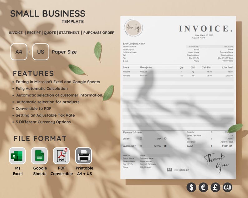 Small Business Template Bundle: Invoice, Quote, Receipt (excel+google ...