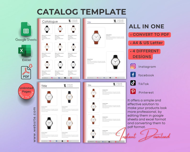 Product Catalog Template: 4 Designs, Excel & Google Sheets (digital ...