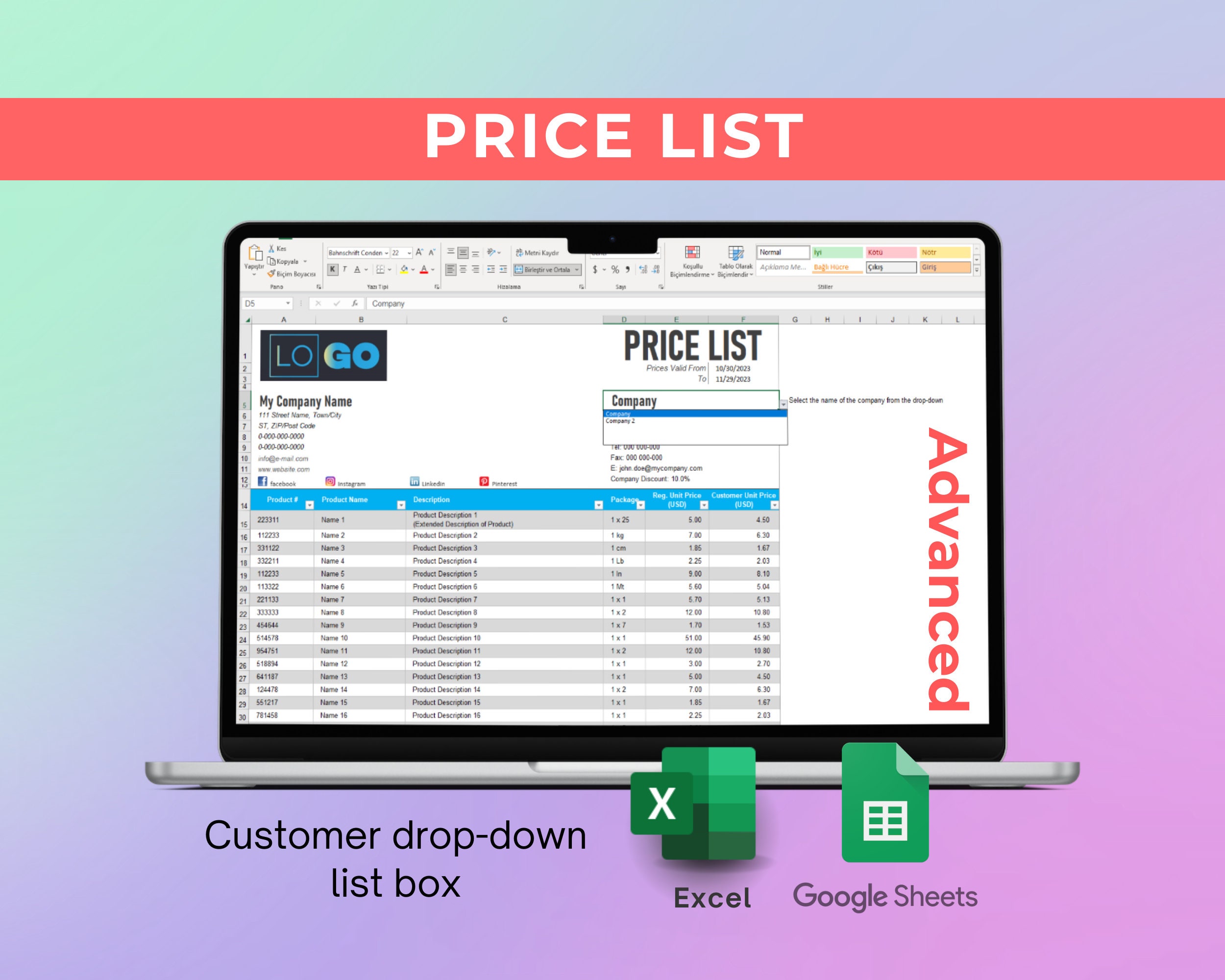 Advanced Price List Template, Excel, Google Sheets, PDF Convertible ...