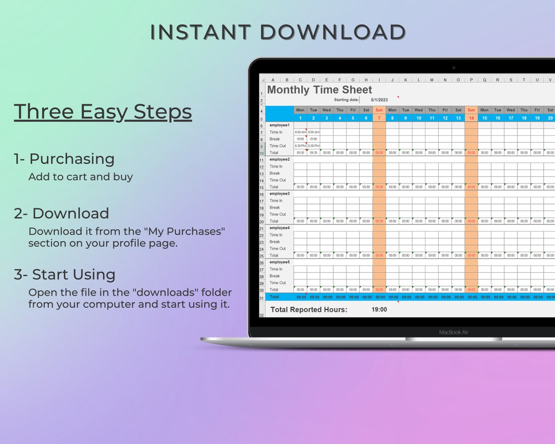 Monthly Timesheet for Multiple Employees, Employee Table, With Break ...