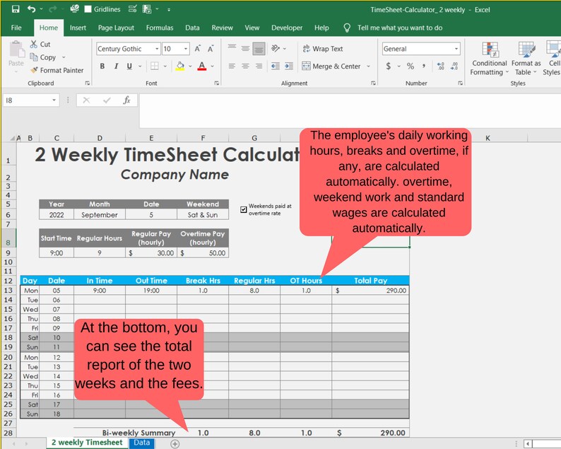 Bi-week Timesheets Employee Table, With Break, Salary Calculator, Excel ...