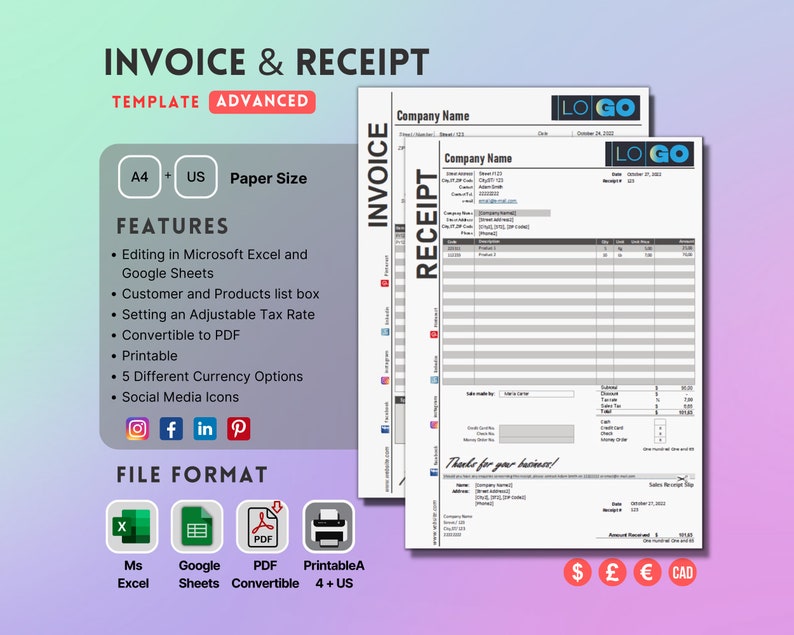 Advanced Invoice and Receipt Template, Selected From Customers and ...