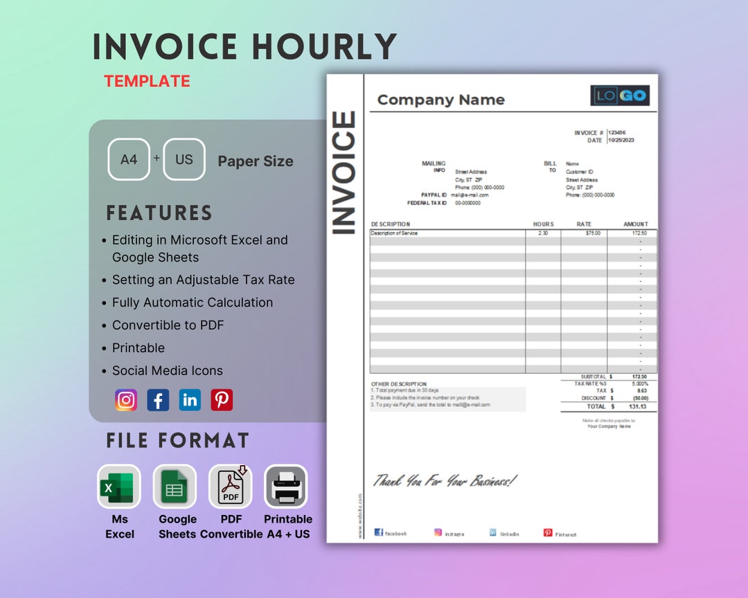 Hourly Invoice Template Excel and Google Sheets, Convertible Pdf With ...