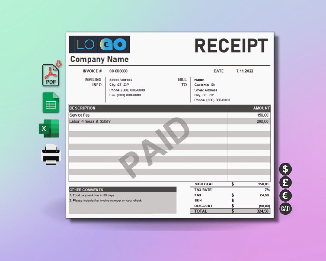 Plantilla de recibo en pdf listo para imprimir, Para pequeñas empresas ...