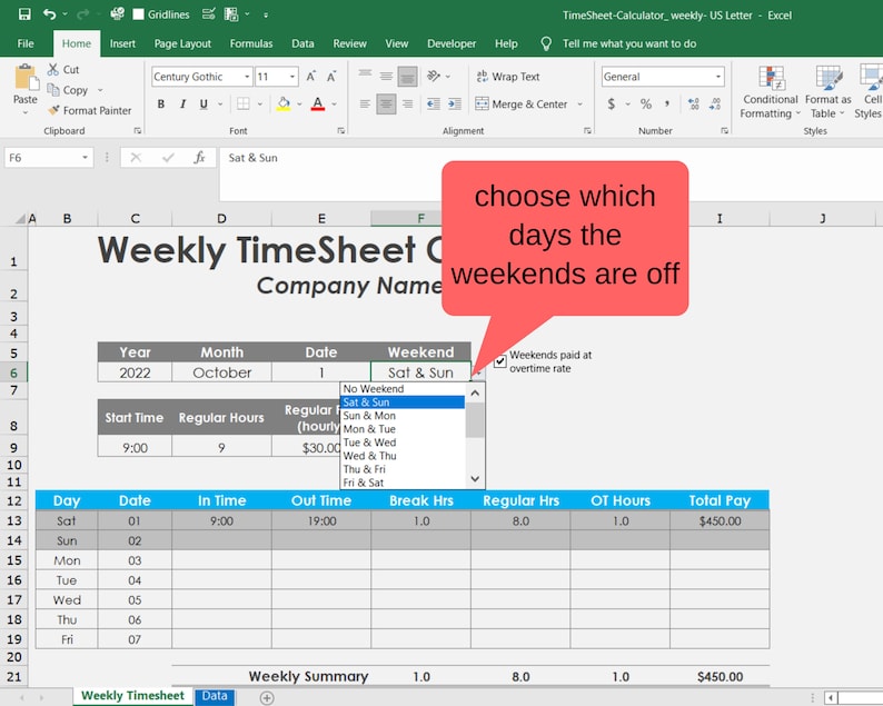 Weekly Timesheets Employee Table, With Break, Salary Calculator, Excel ...