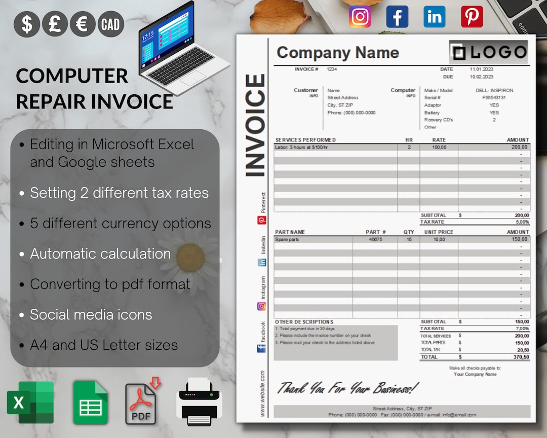 Computer Maintenance and Repair Invoice Template Excel - Etsy