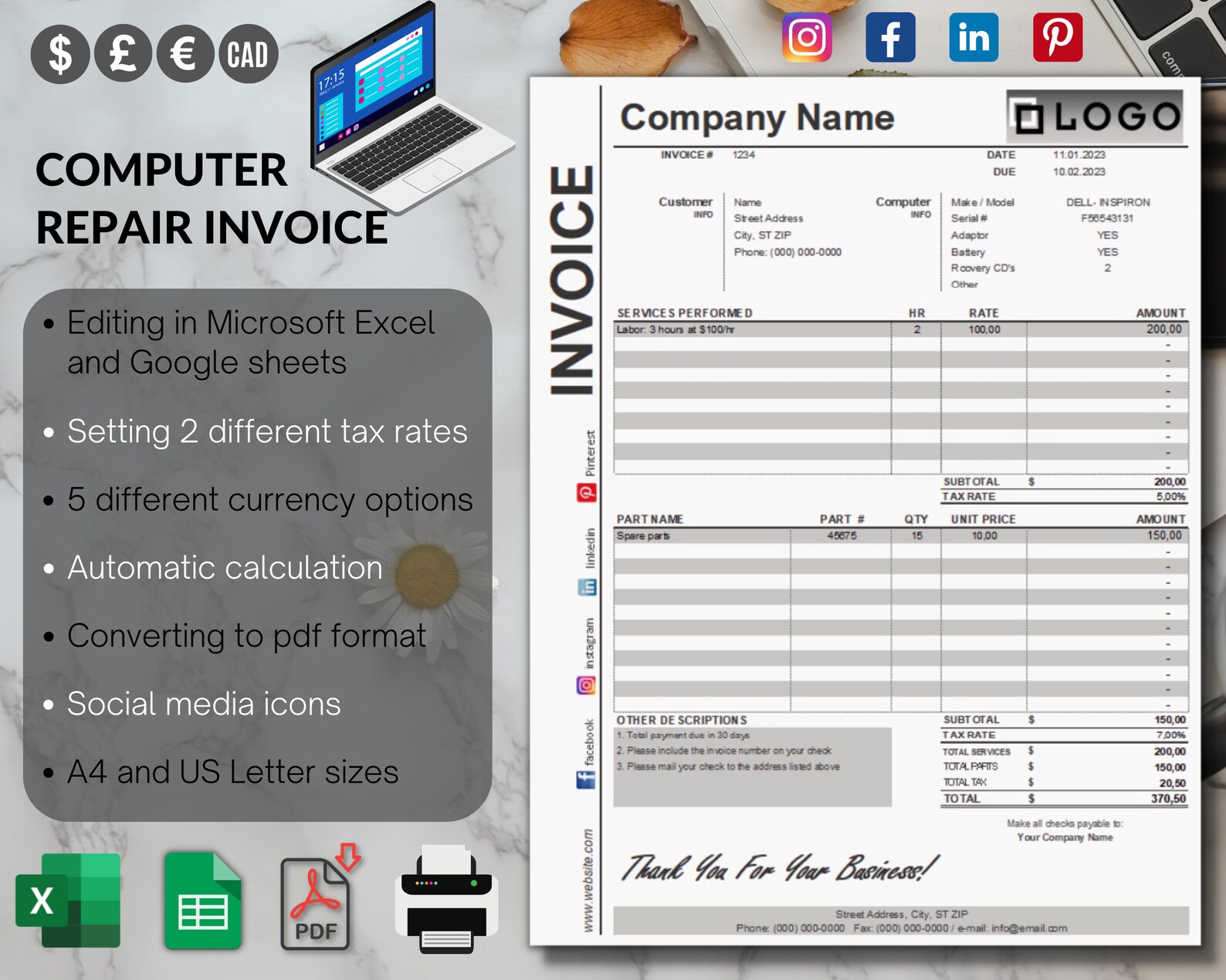 Computer Maintenance and Repair Invoice Template Excel - Etsy
