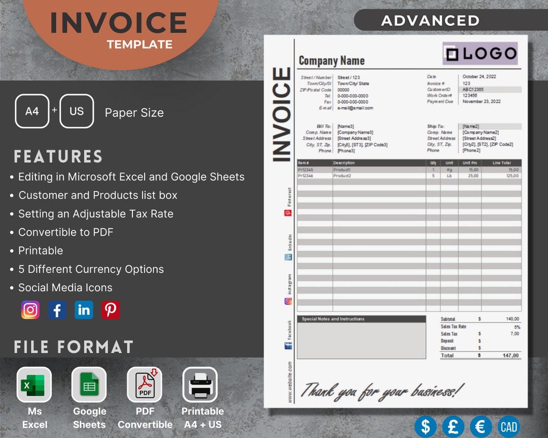 Advanced Invoice Template Selected From Customers and - Etsy
