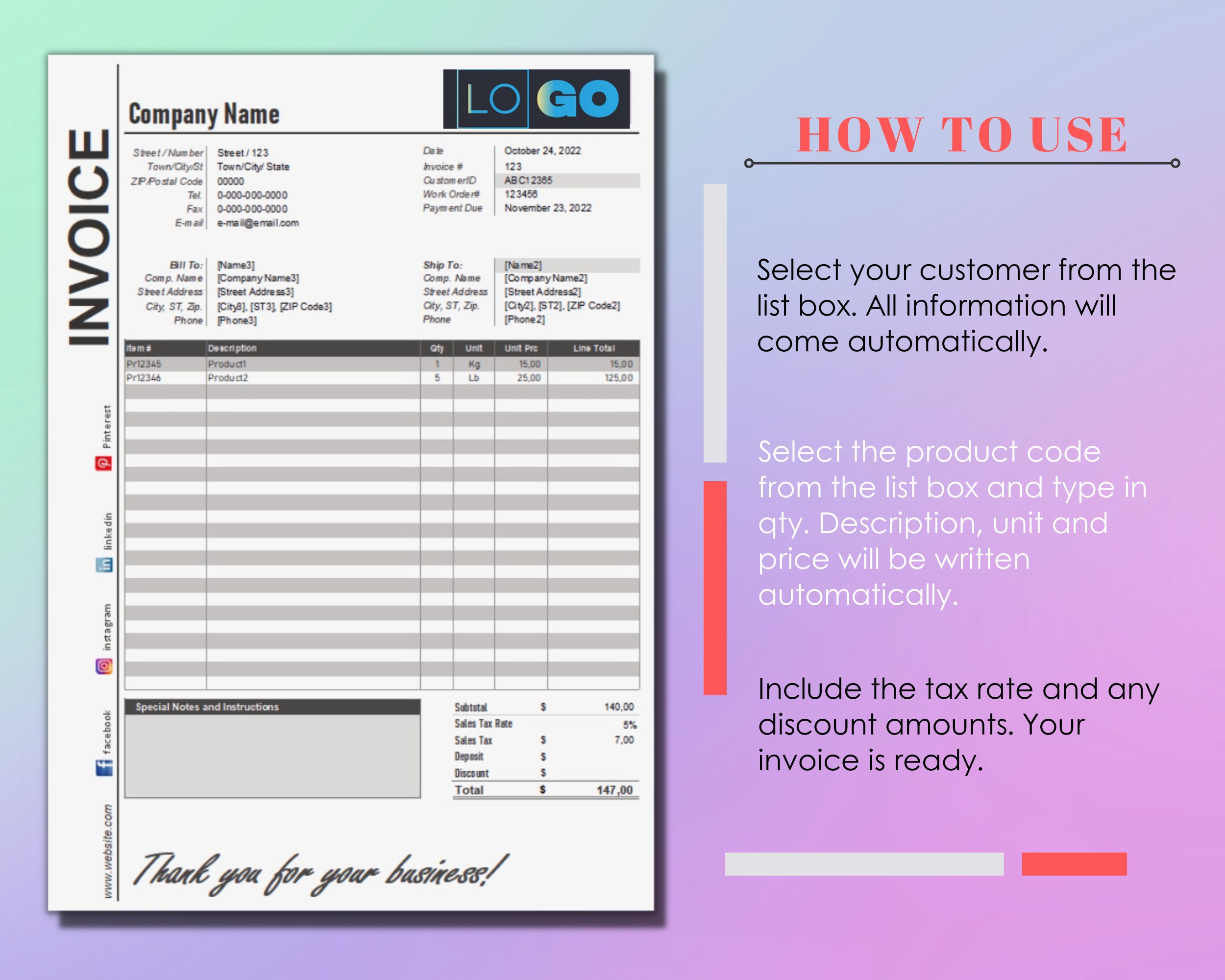 Advanced Invoice and Purchase Order Template, Selected From Customers ...