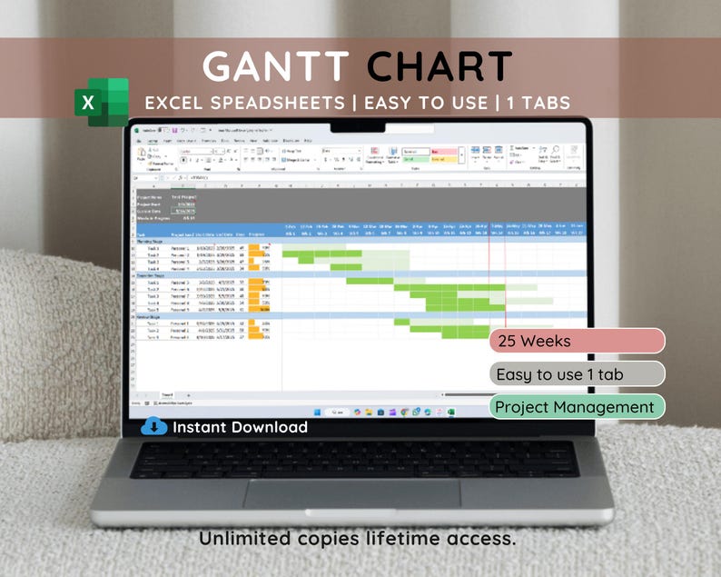 Excel Gantt Chart Template for Project Management | 25-week Timeline | Simple One-tab ...