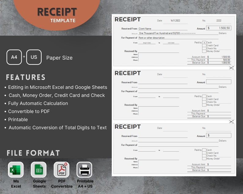 Receipt Template Excel and Google Sheets Convertible PDF - Etsy