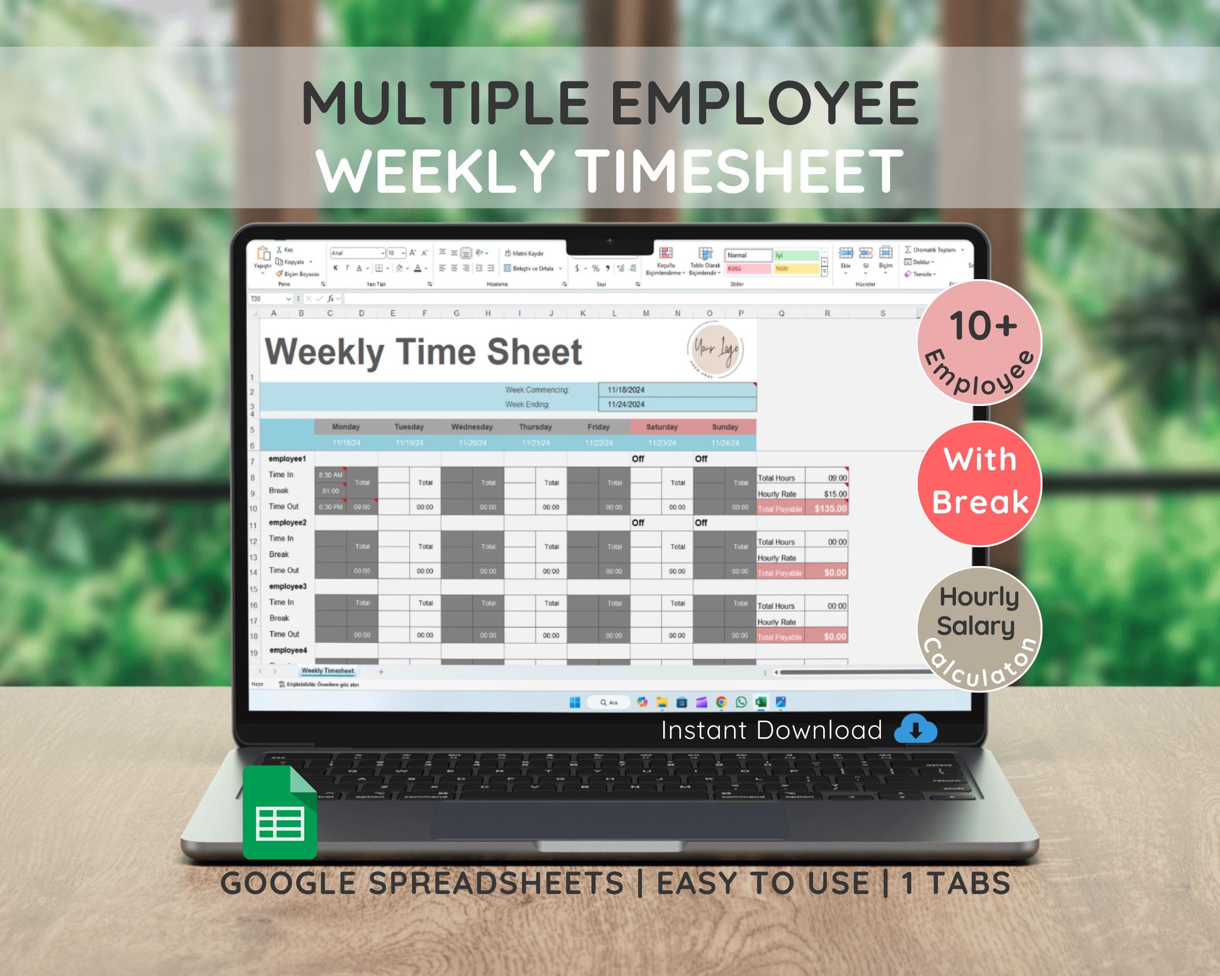 Weekly Timesheet Google Sheet: up to 10 Employees, Salary Calculator ...