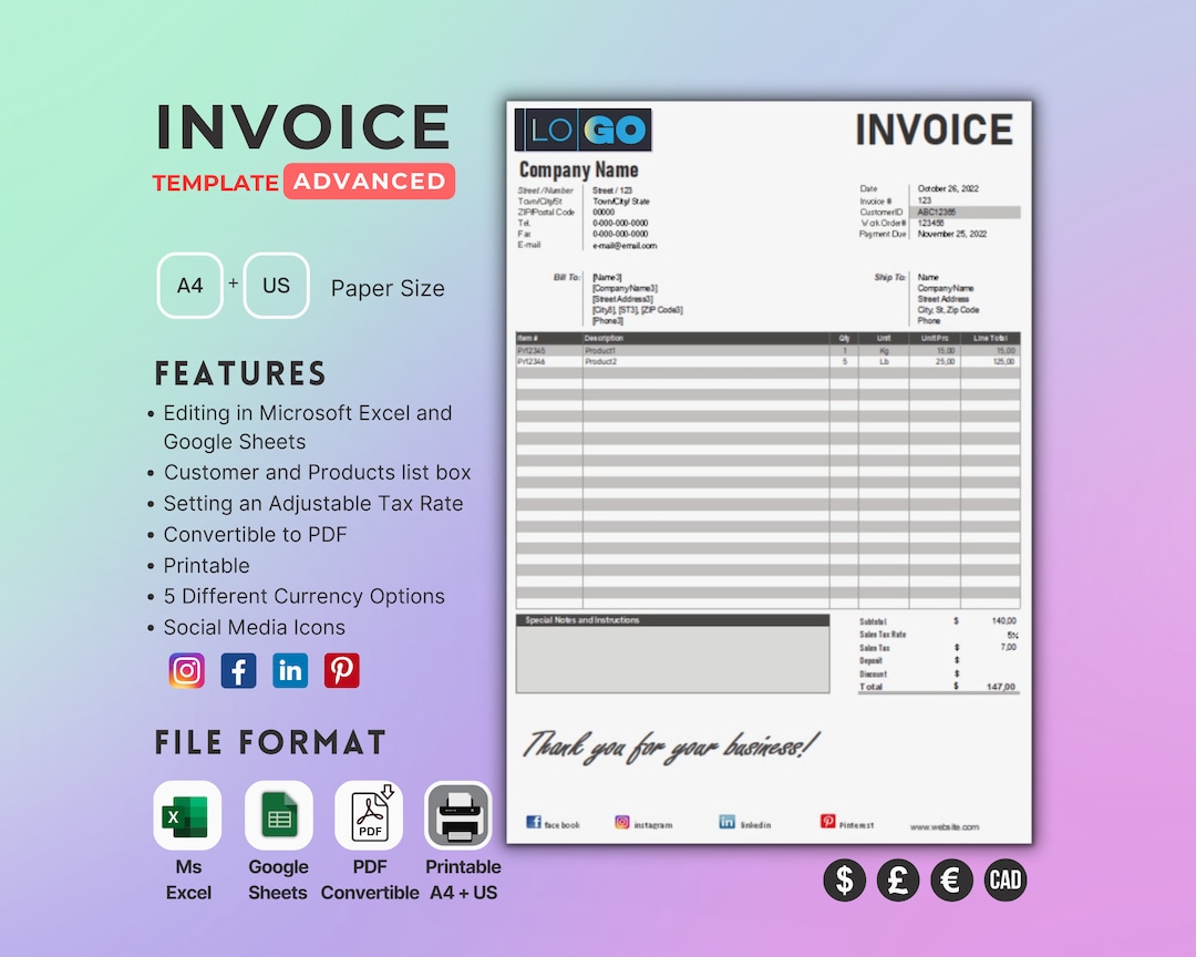 Advanced Invoice Template, Selected From Customers and Products List ...