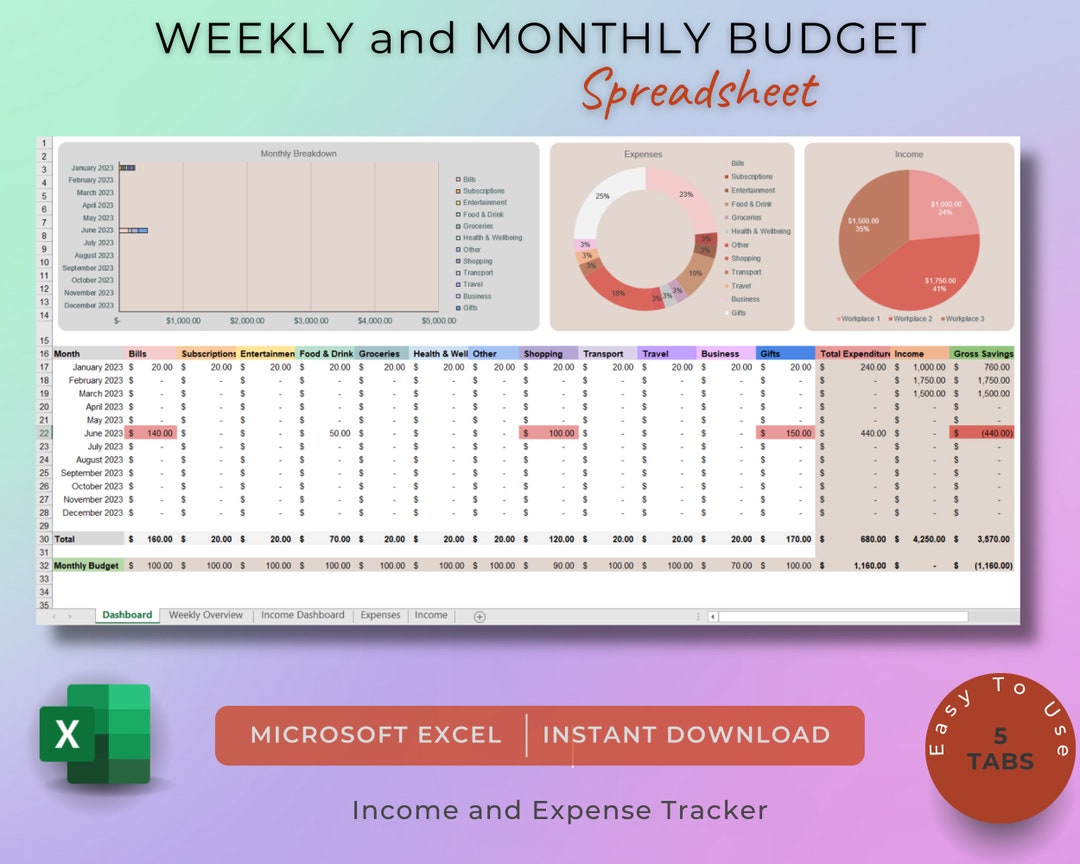 Monthly and Weekly Personal Budget Spreadsheet Ms Excel - Etsy