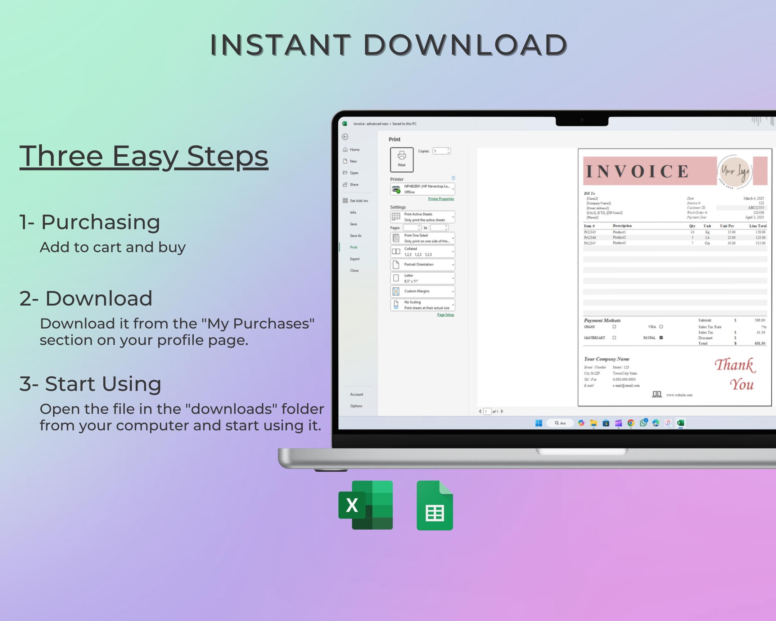 Advanced Invoice Template: Excel & Google Sheets, Printable PDF - Etsy