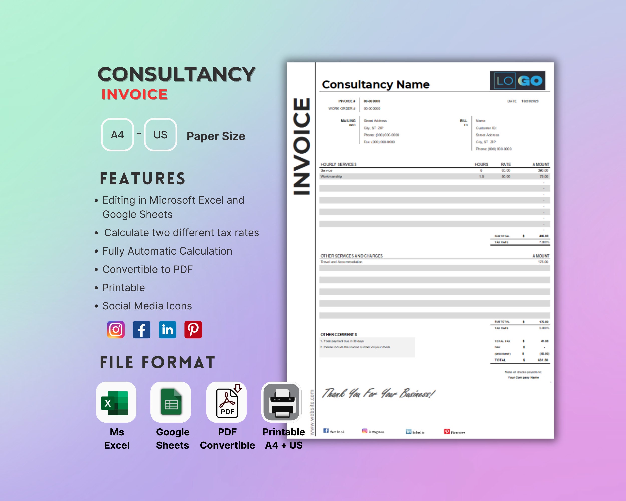 Consultancy Invoice Template, Excel and Google Sheets, Convertible Pdf ...