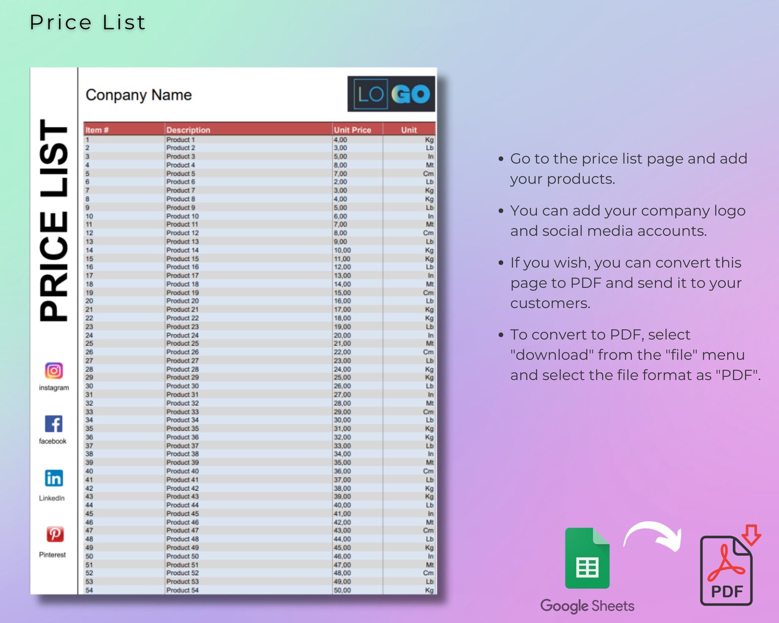 Price List and Quote Template, Google Sheets, PDF Convertible ...