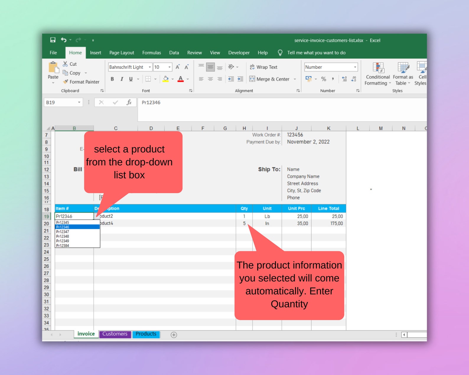 Advanced Invoice Template, Selected From Customers and Products List ...