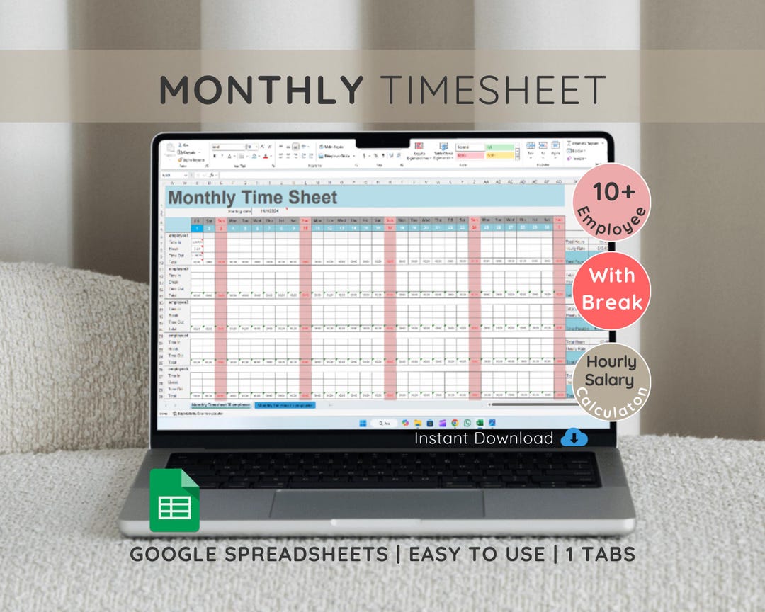 Monthly Payroll Timesheet for Multiple Employees, Employee Time Tracker ...