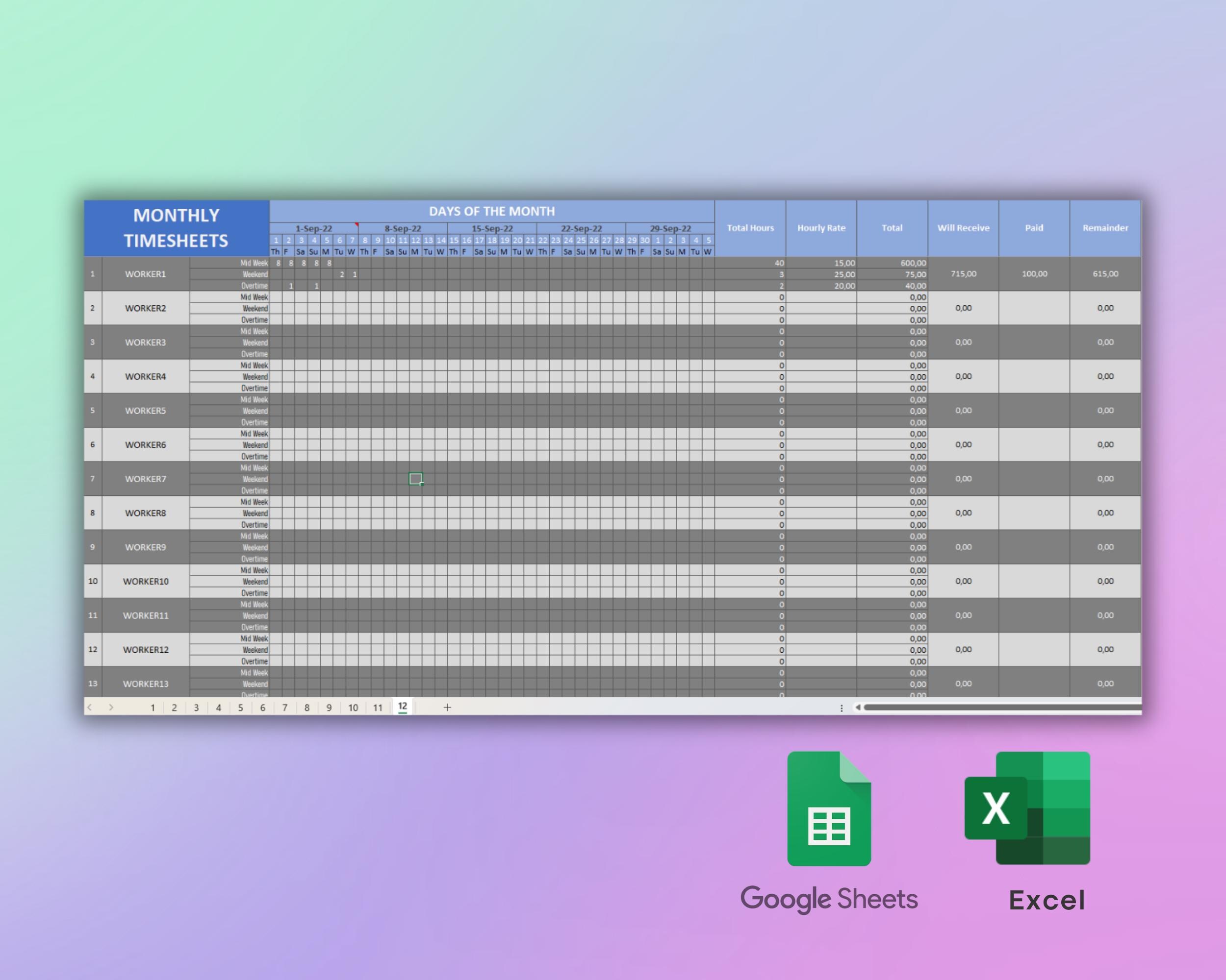 For Multiple Employees Monthly Time Chart, Employee Work Schedule ...
