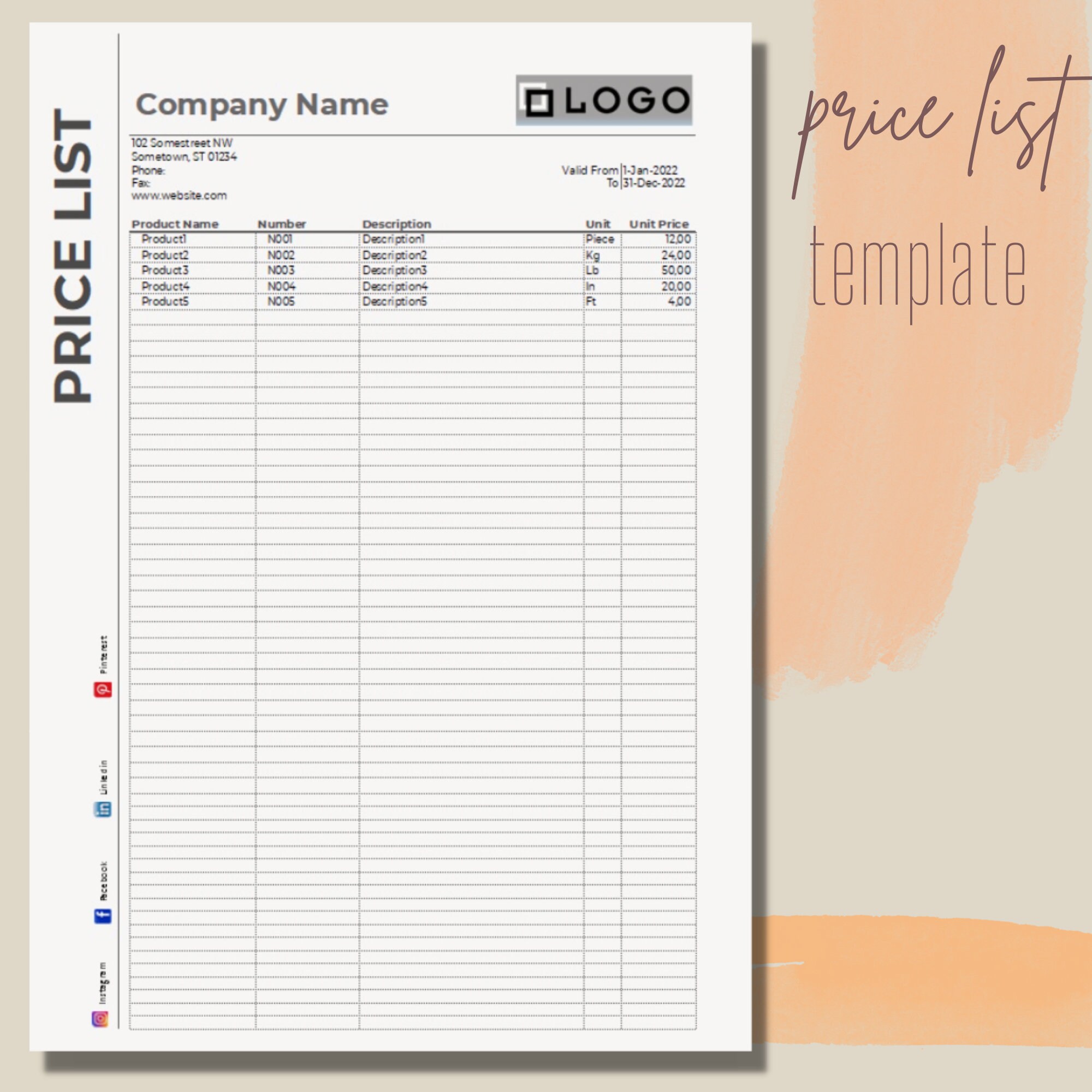 Price List Template Google Sheets Microsoft Excel PDF - Etsy Australia