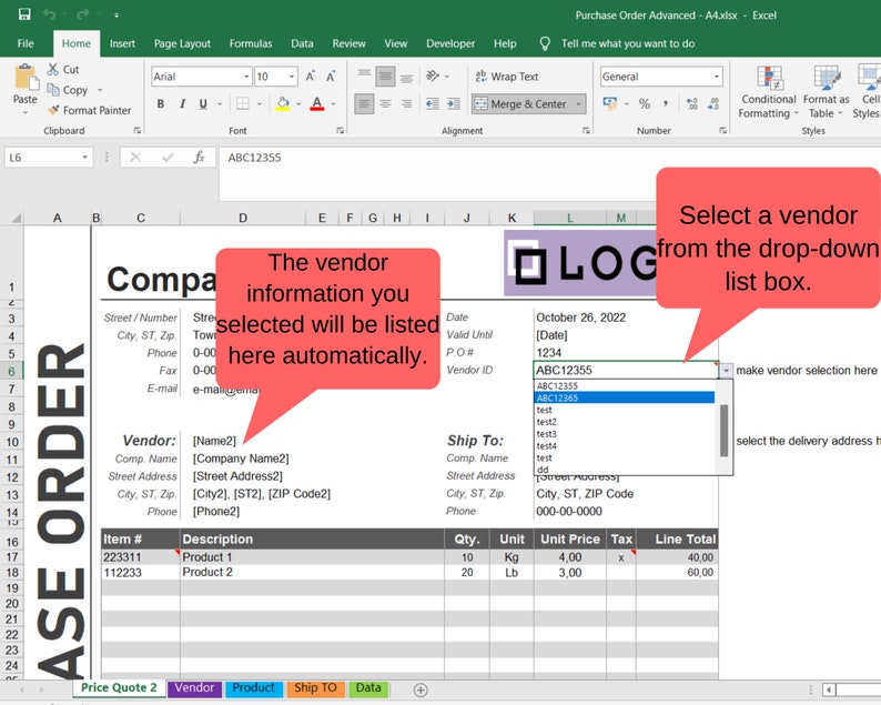 Advanced Purchase Order Form Template Google Sheets MS - Etsy
