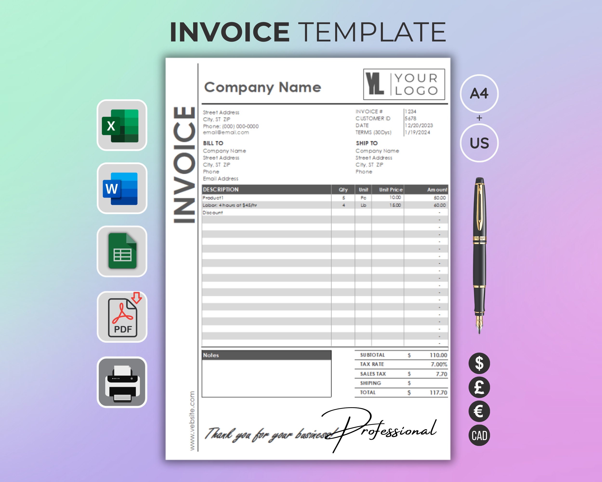 Plantilla de Factura Factura Moderna y Profesional, Microsoft WORD ...