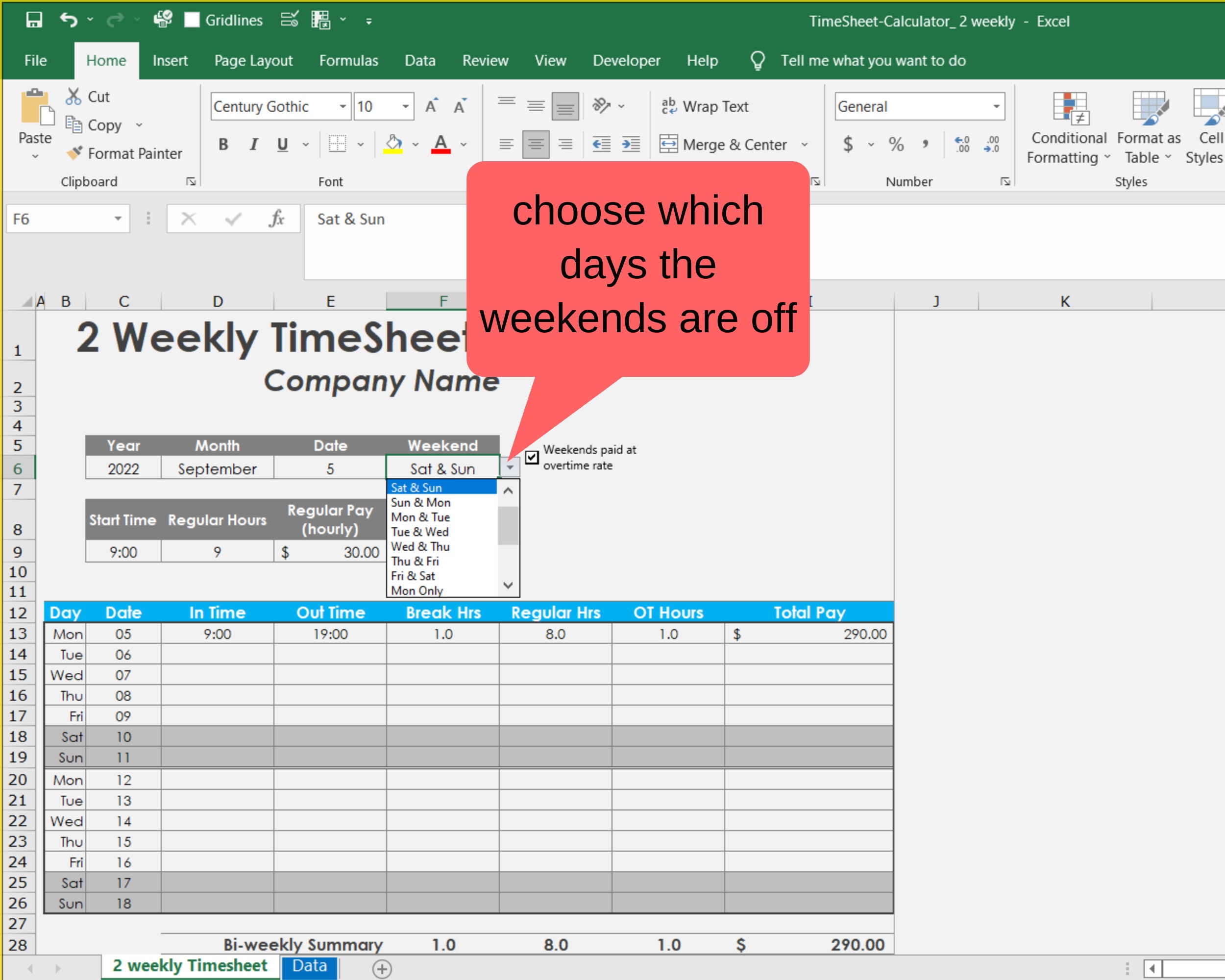 Bi-week Timesheets Employee Table, With Break, Salary Calculator, Excel ...