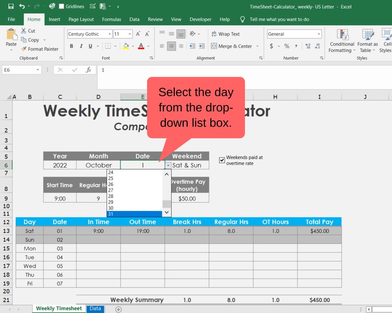 Weekly Timesheets Employee Table, With Break, Salary Calculator, Excel ...