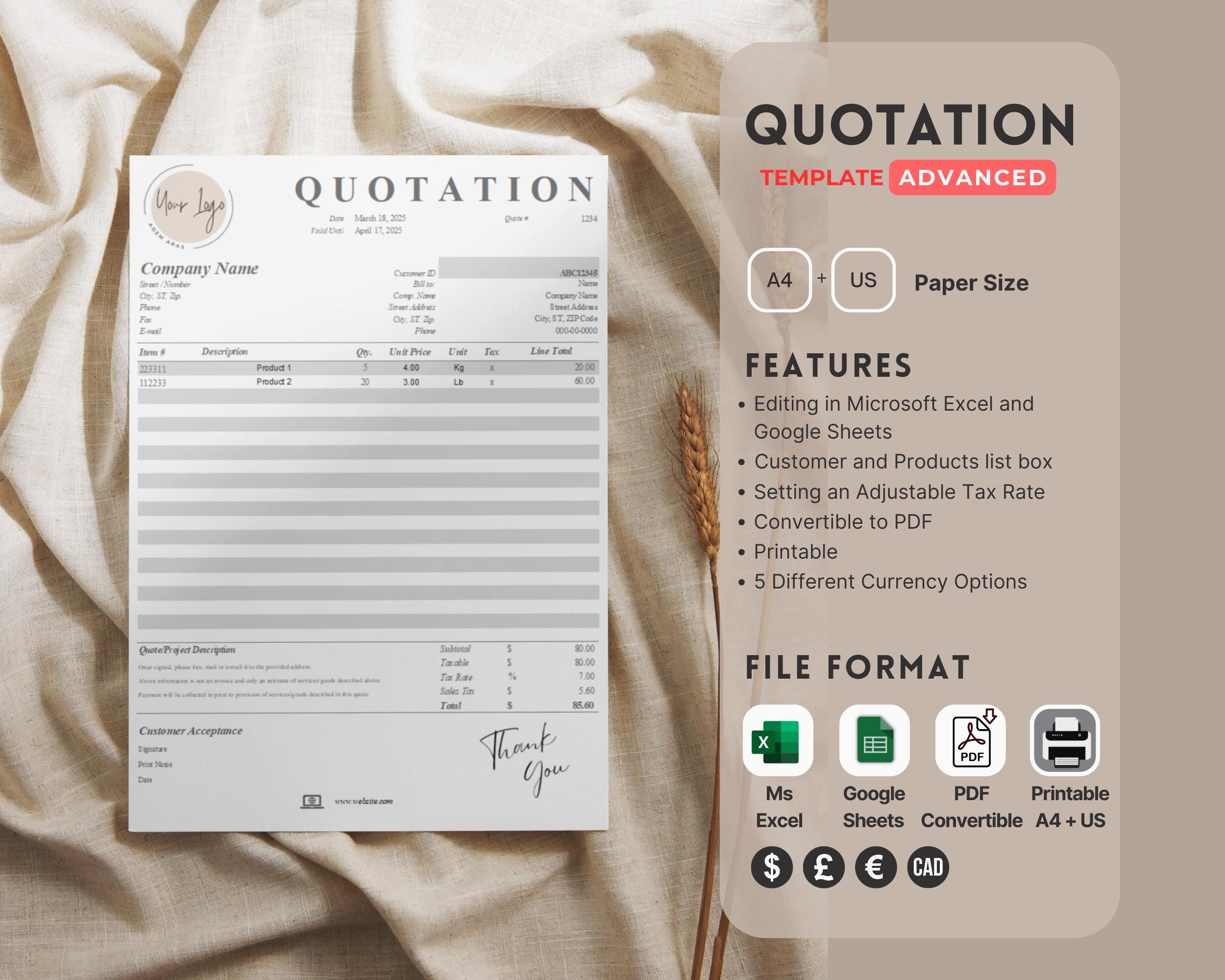 Advanced Quote Template: Auto-calculating in Google Sheets & Excel ...
