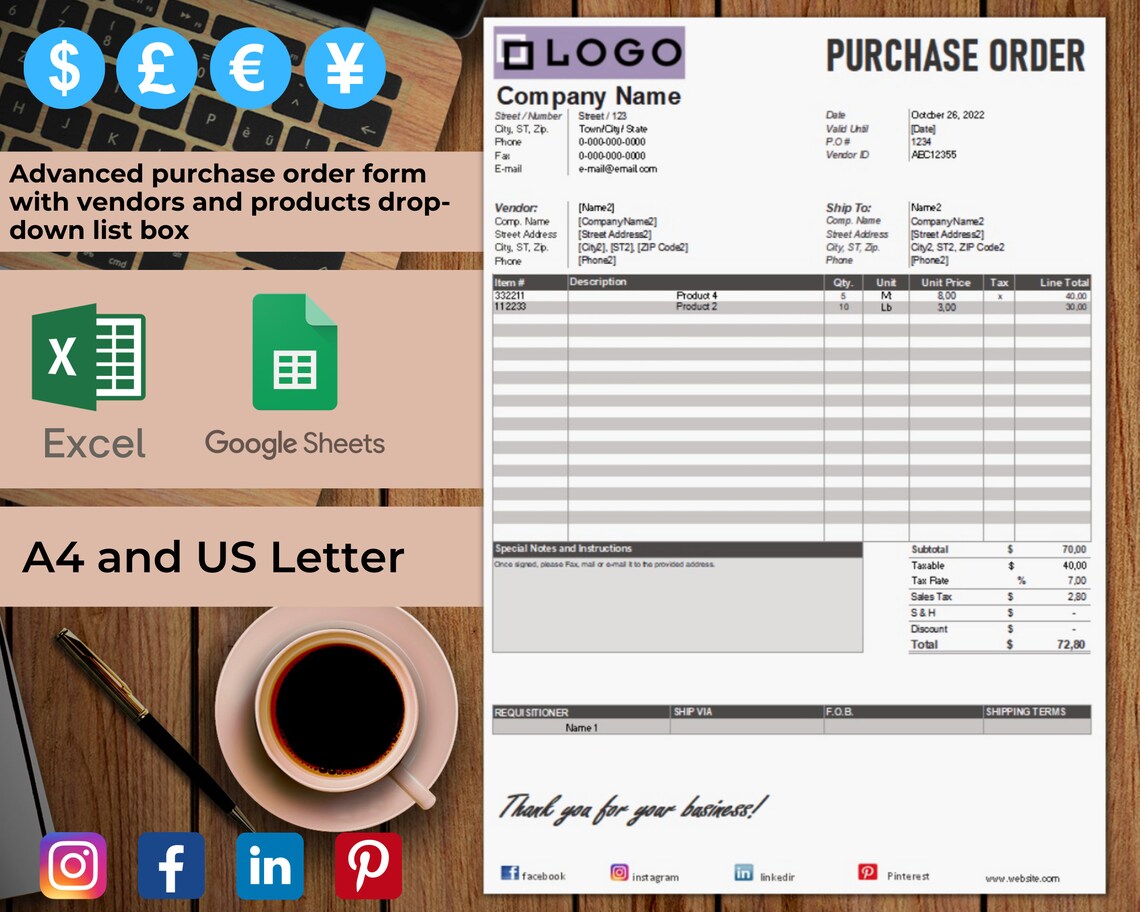 Advanced Purchase Order Form Template Google Sheets MS - Etsy