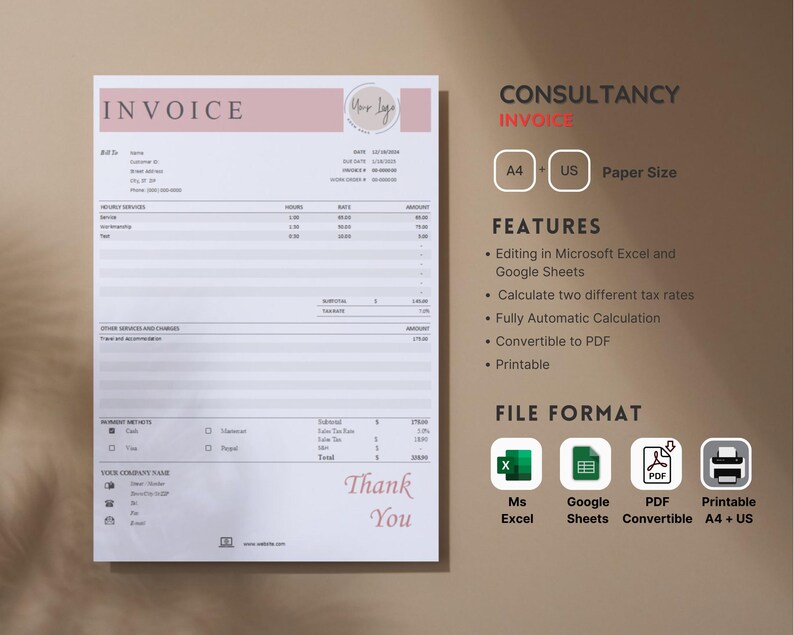 Consultancy Invoice Template | Hourly Rate & Two Different Tax Calculation | Editable Exce ...