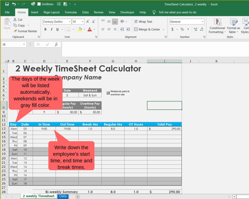 Bi-week Timesheets Employee Table, With Break, Salary Calculator, Excel ...