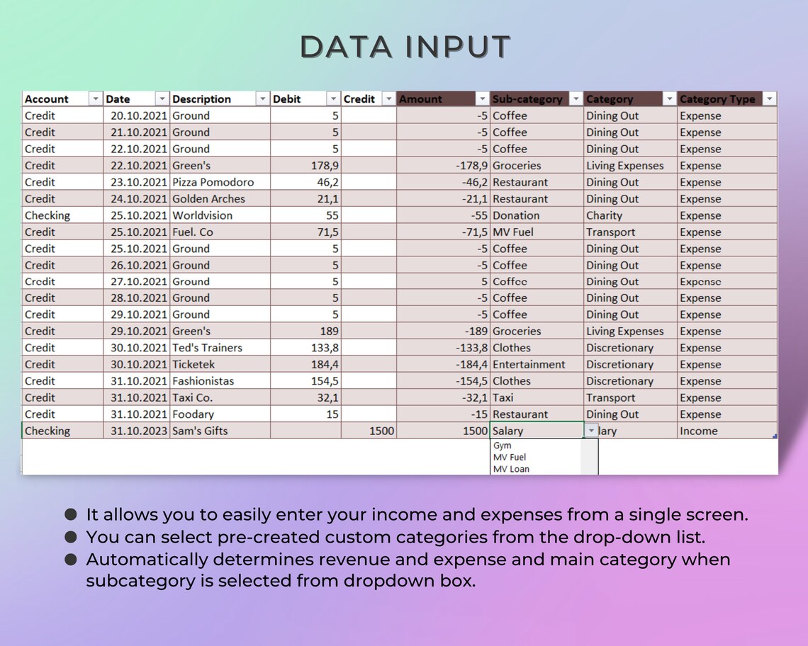 Personal Expense Income Tracking Spreadsheet for EXCEL, Personal Budget ...