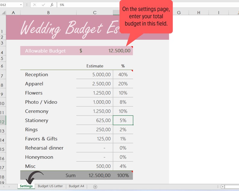 Wedding Planner Budget Spreadsheet, Wedding Timeline Budget, Excel ...