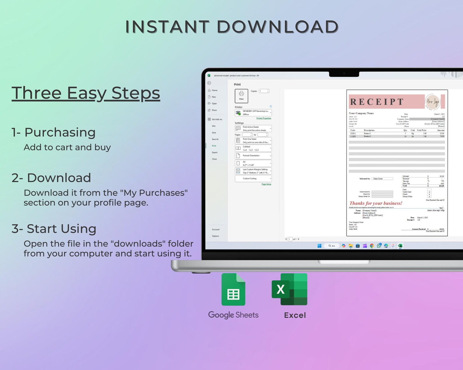 Advanced Payment Receipt Template | Excel & Google Sheets | Printable ...