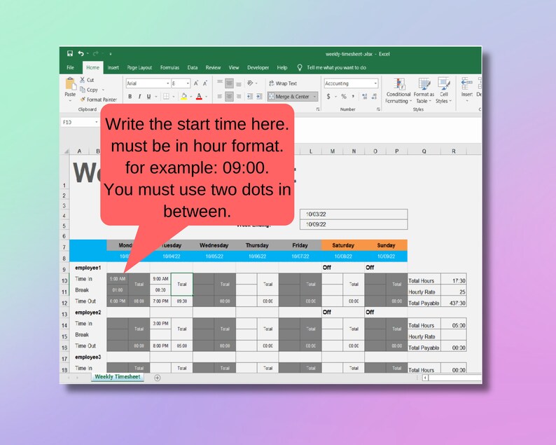 Google Spreadsheets Weekly Timesheet for Multiple Employees, Scheduler Spreadsheet, With Break ...